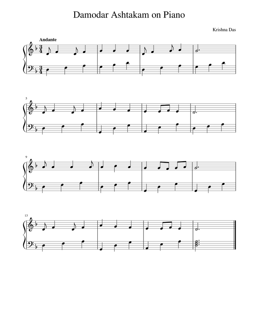 Damodar Ashtakam piano Sheet Music for Piano (Piano Duo) Easy ...