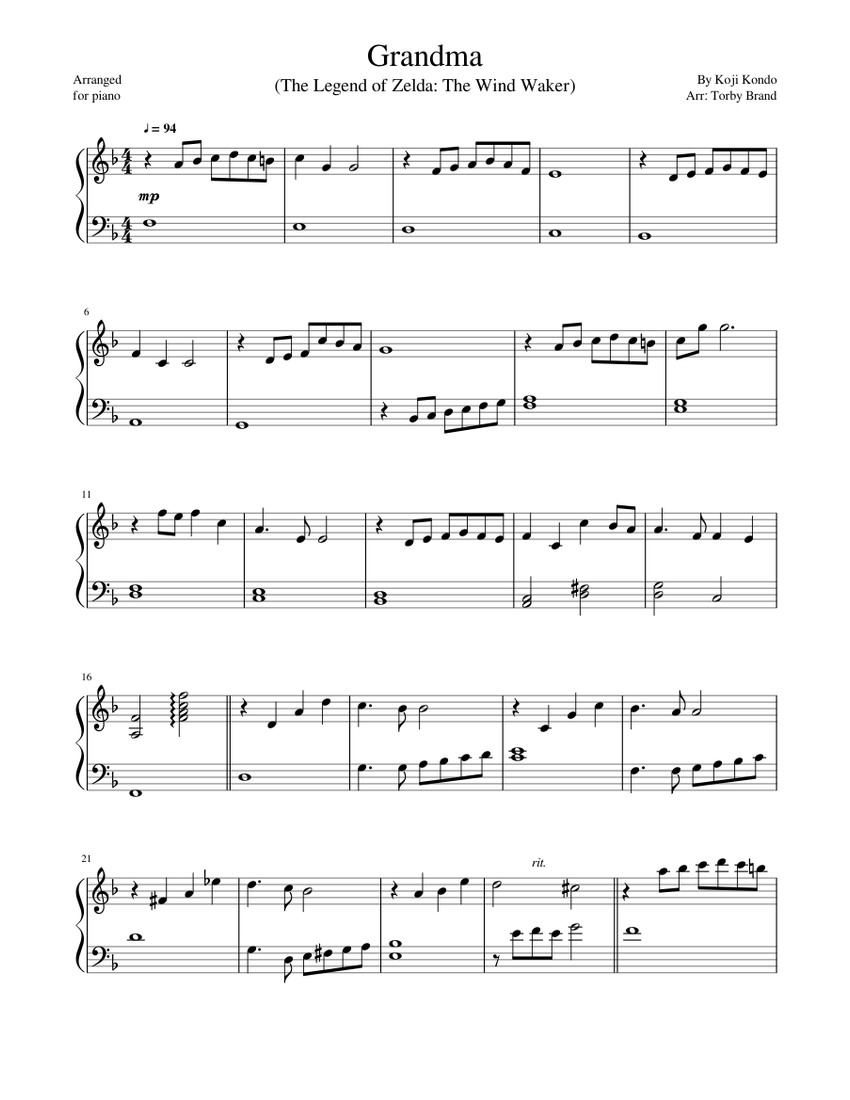 Grandma (The Legend of Zelda: The Wind Waker) Sheet music for Piano ...