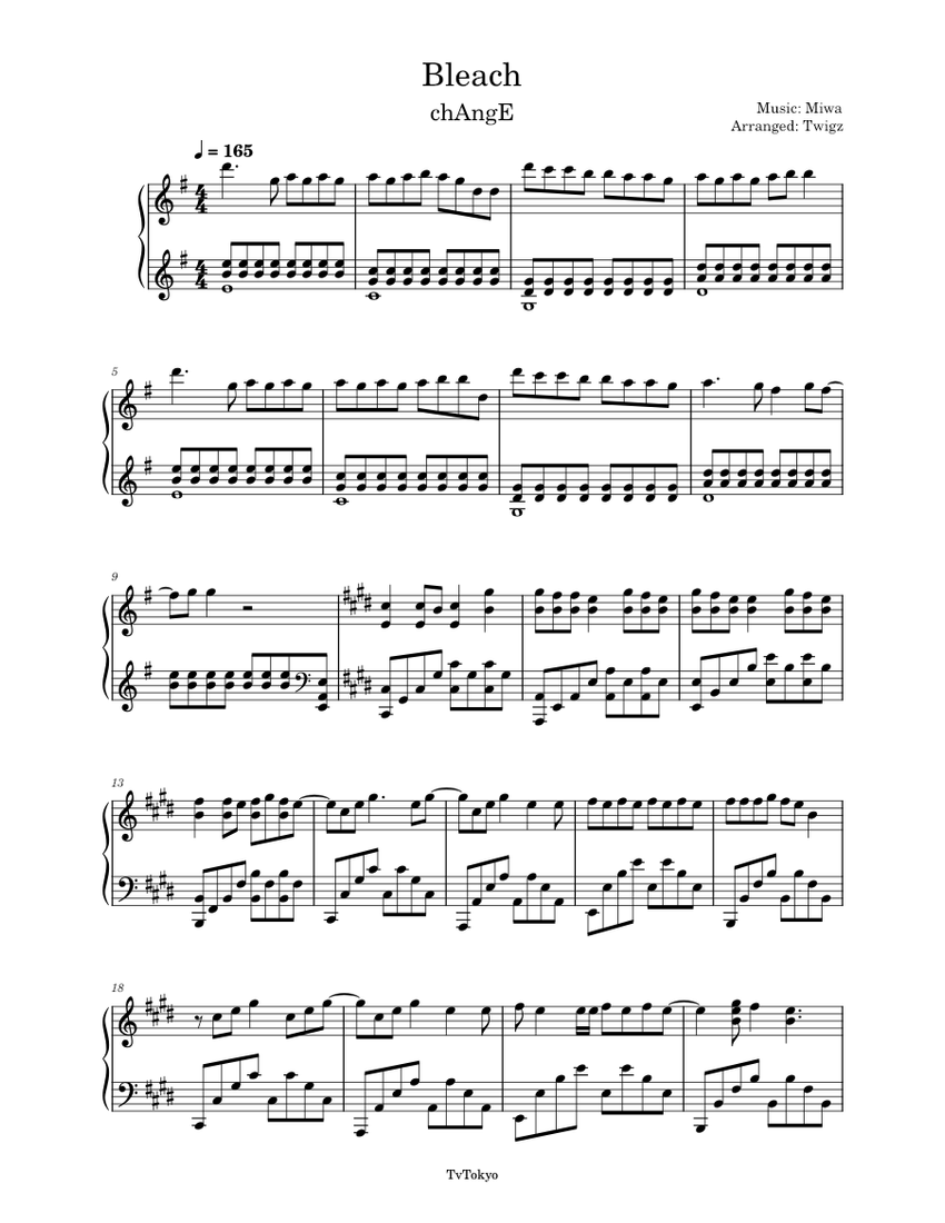 Bleach OP 12 chAngE – miwa Sheet Music for Piano (Solo) | MuseScore.com