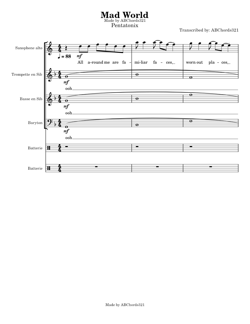 Mad_World Sheet music for Piano, Tuba, Saxophone alto, Drum group & more instruments (Piano ...