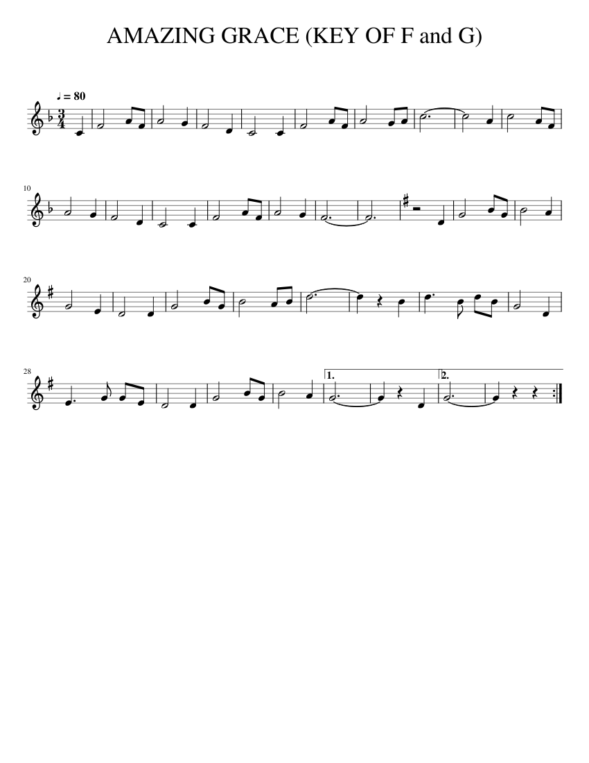 AMAZING GRACE KEY OF F and G Sheet Music for Piano (Solo) Easy ...