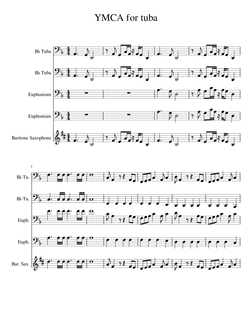 YMCA for low brass Sheet music for Euphonium, Tuba, Saxophone baritone ...