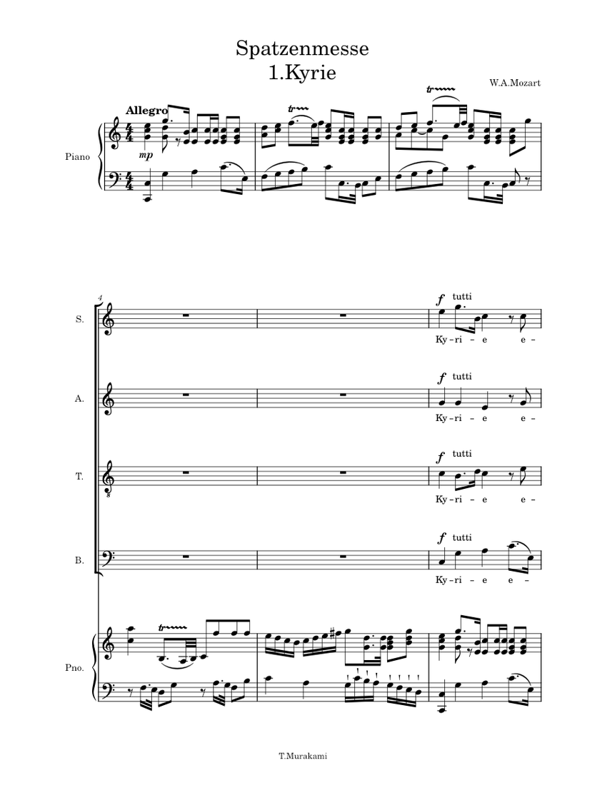 1.Kyrie(Missa brevis in C major, K.220/196b:Spatzenmesse) Sheet Music ...