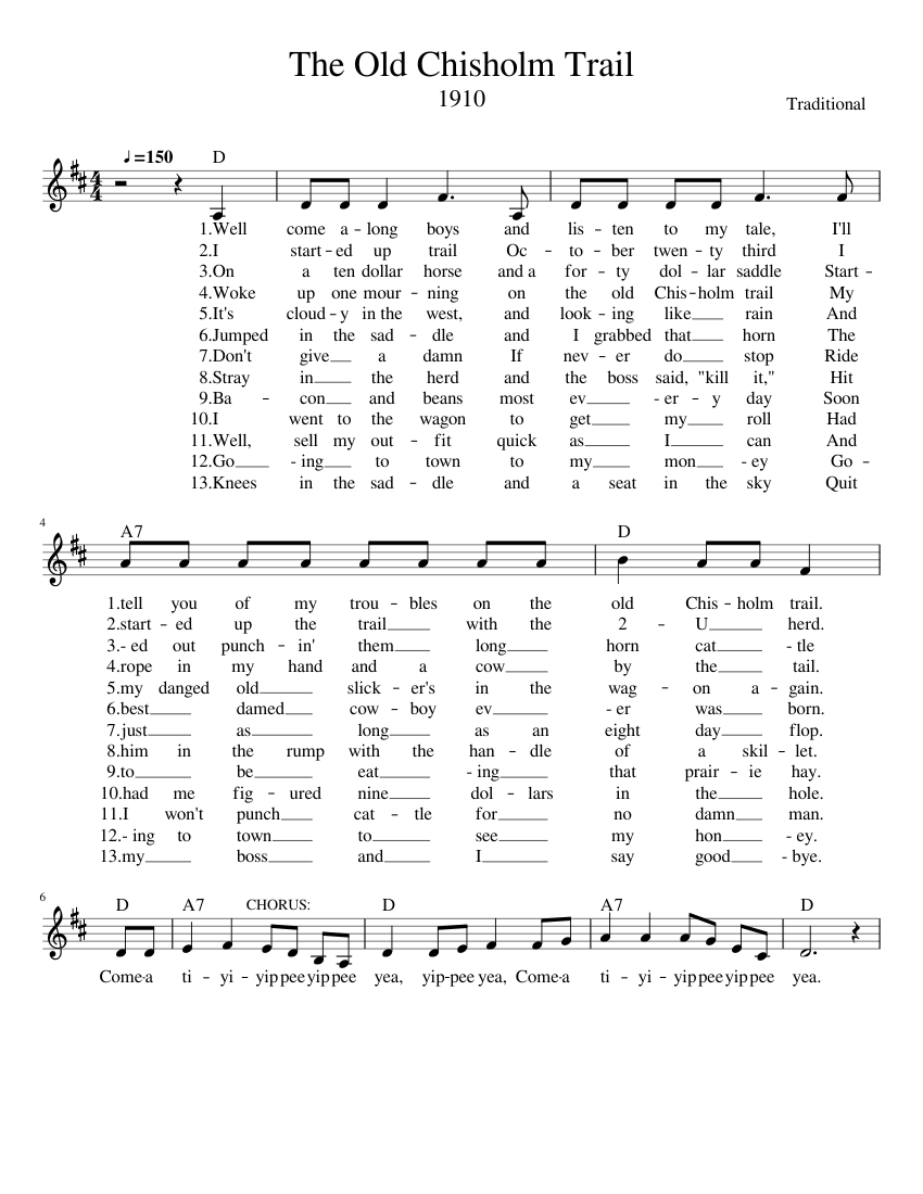 The Old Chisholm Trail Sheet Music with Chords for Piano (Solo) easy ...