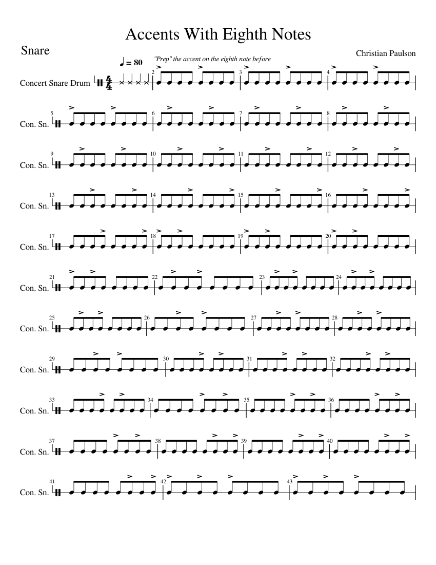 Accents With Eighth Notes Sheet Music for Snare drum (Solo) | MuseScore.com