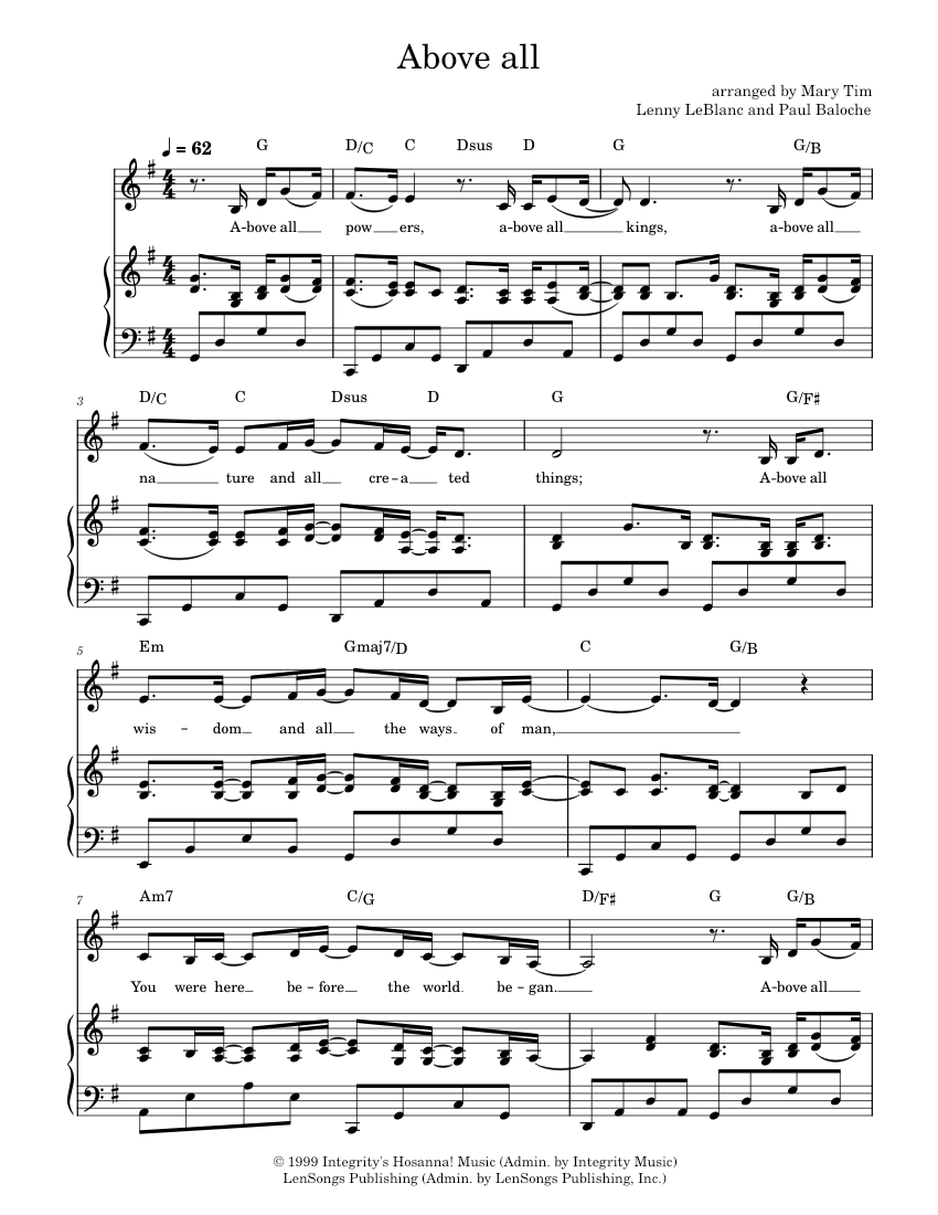Above all – Paul Baloche Sheet Music with Chords for Piano, Vocals ...