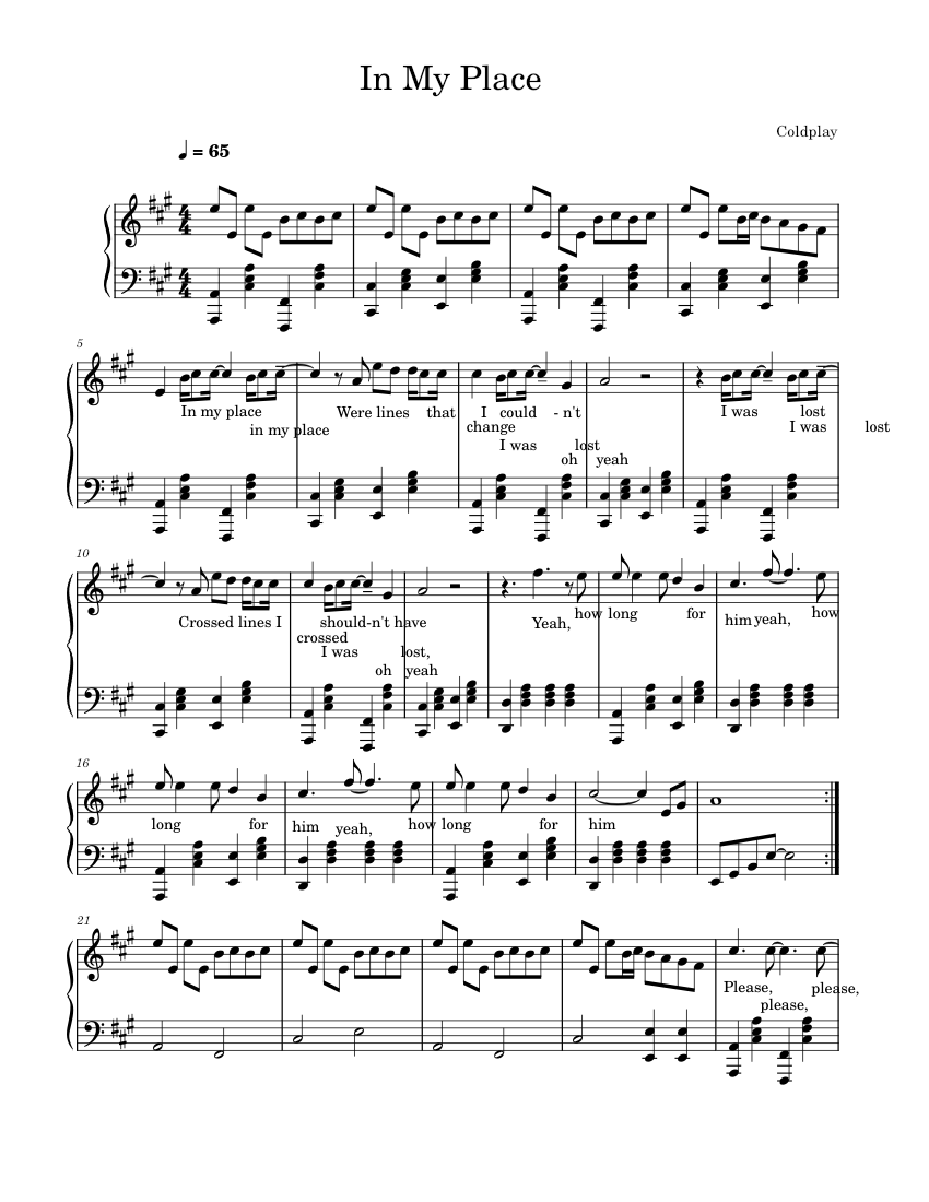 In my place – Coldplay Sheet Music for Piano (Solo) Easy | MuseScore.com