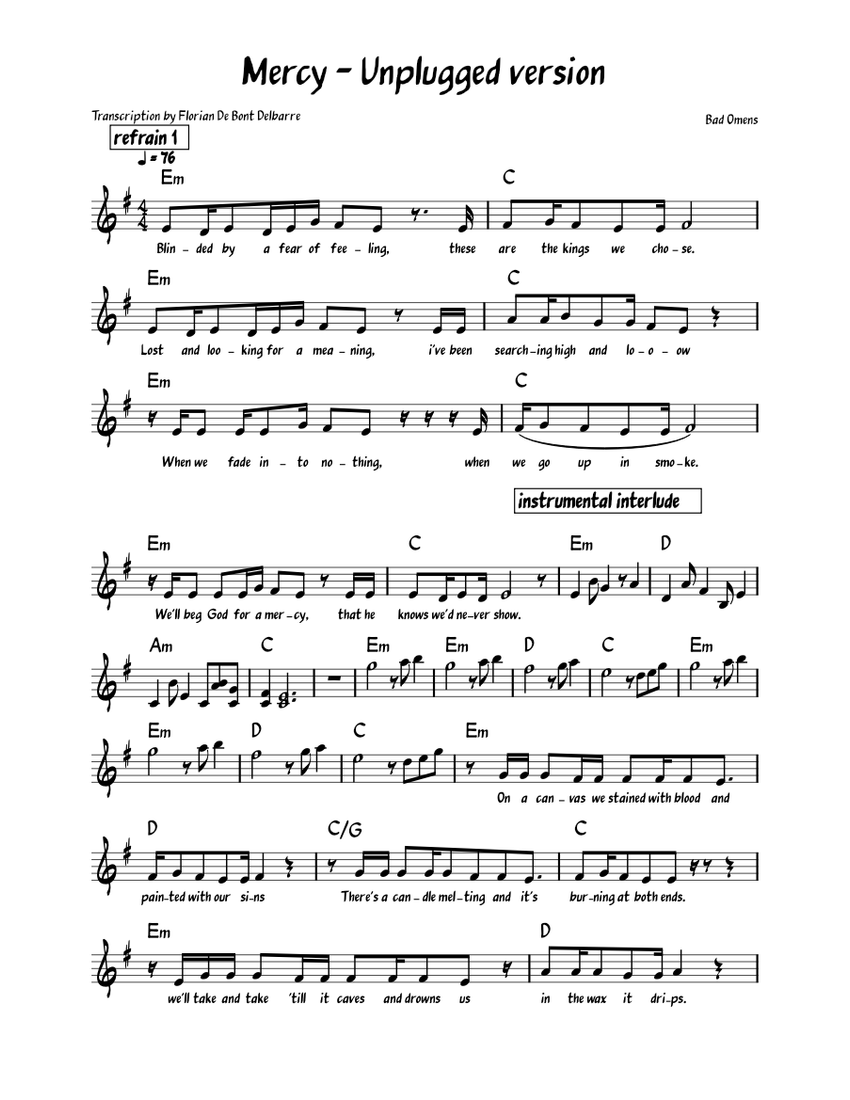 Mercy (Unplugged) - Bad Omens Sheet Music with Chords for Piano (Solo ...