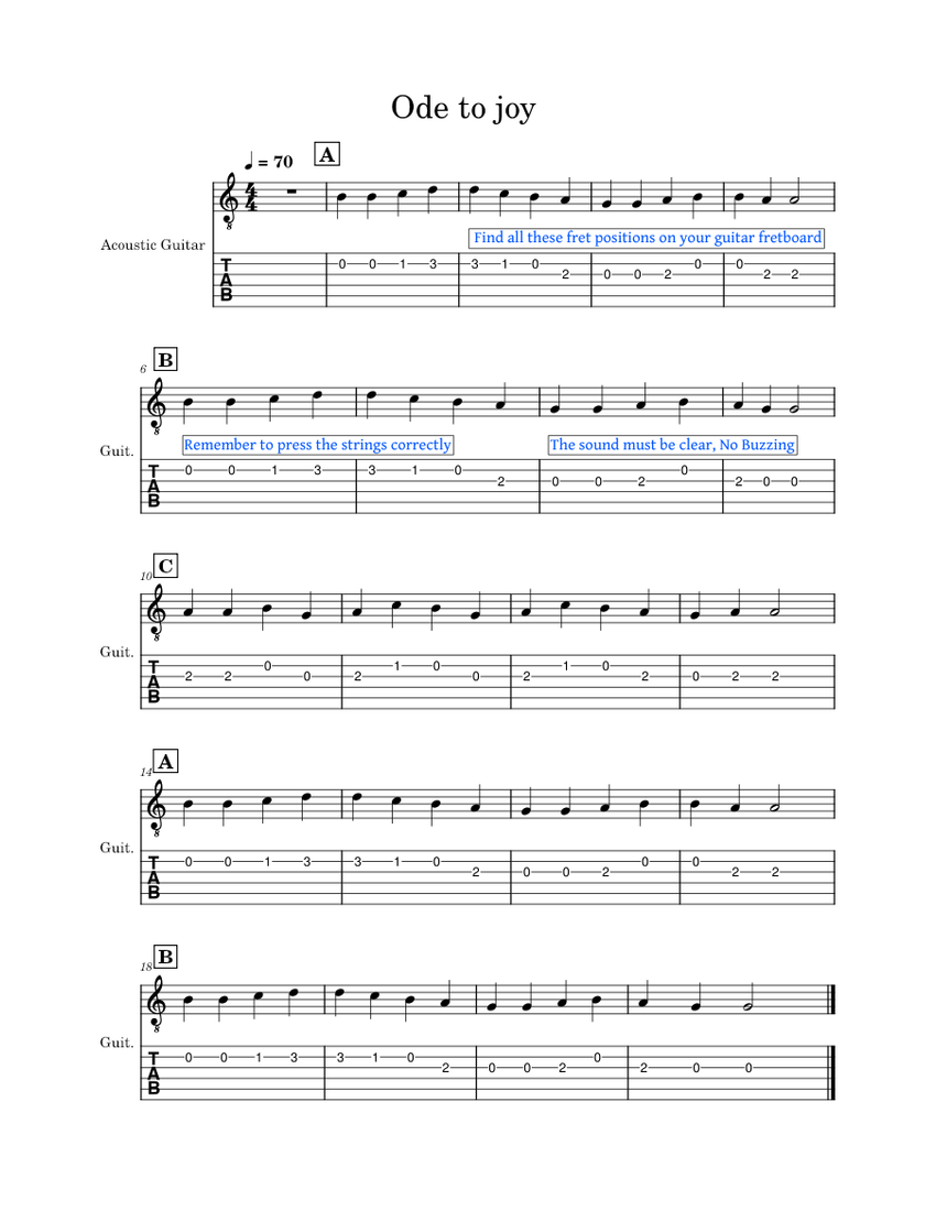 Ode To Joy - Ludwig van Beethoven Sheet Music and Tab for Guitar (Solo ...