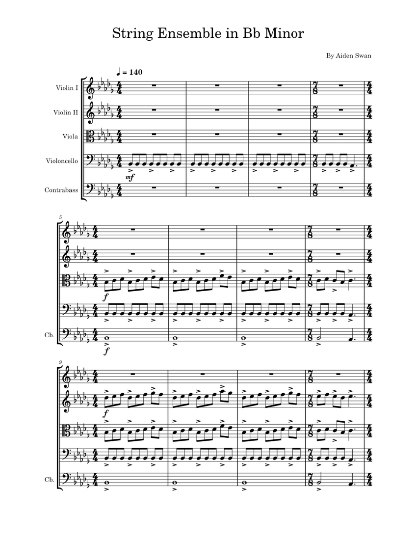 String Ensemble in Bb Minor Sheet music for Contrabass, Violin, Viola, Cello (String Quintet ...
