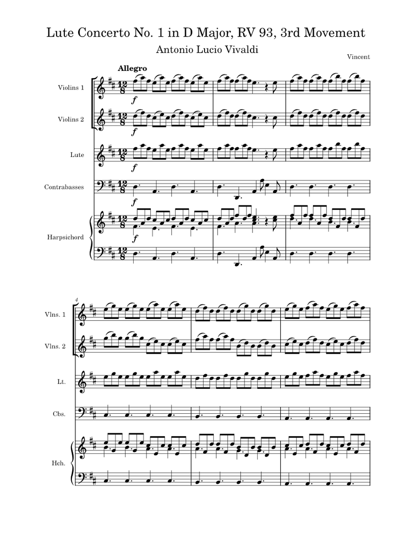 Vivaldi - Lute Concerto No. 1 in D Major, RV 93, 3rd Movement Sheet music for Harpsichord ...