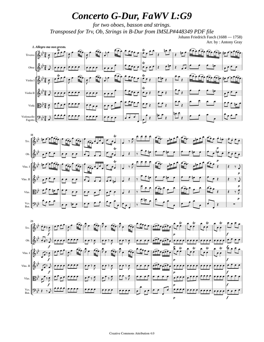 Fasch, J. F. _ Concerto G-Dur, FaWV L:G9 [Trv, Oboe, Strings in B-Dur] Sheet music for Flute ...