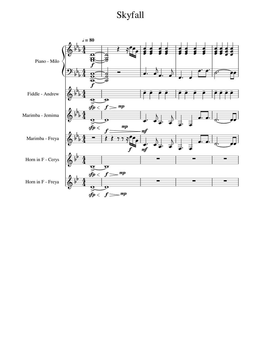 Skyfall Sheet Music for Piano, French horn, Violin, Marimba (Mixed ...