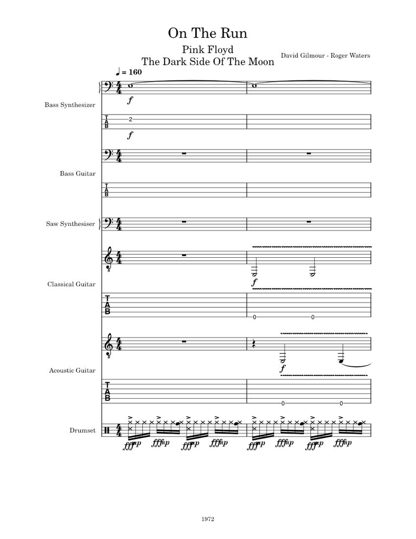 On The Run – Pink Floyd Sheet Music and Tab for Guitar, Bass guitar ...