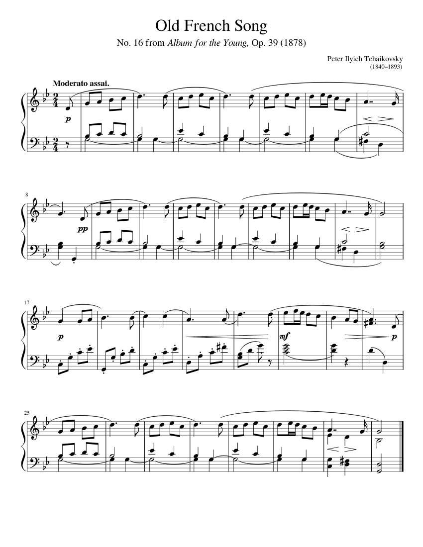 Old French Song from Album for the Young, Op. 39 - Tchaikovsky Sheet ...