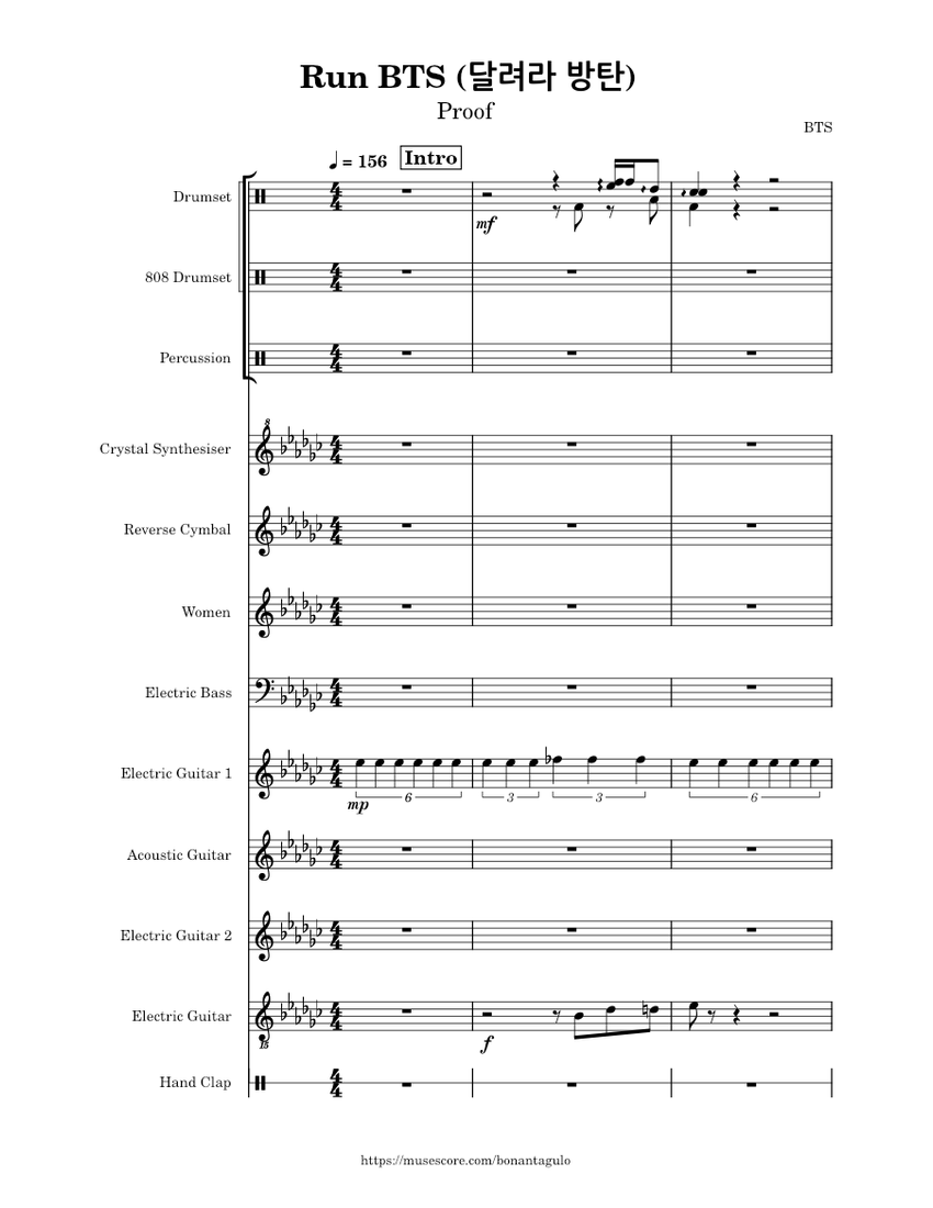 Run BTS (달려라 방탄) – BTS (방탄소년단) Sheet music for Female, Guitar, Bass ...
