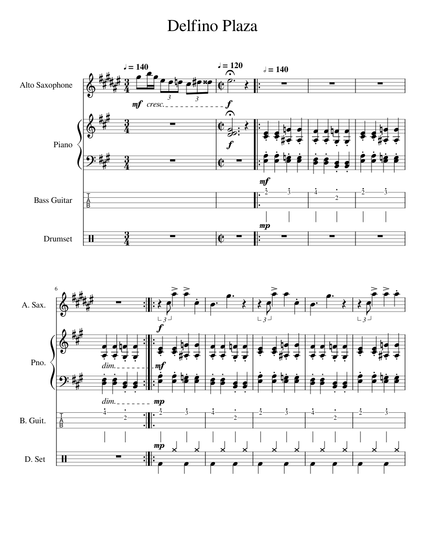 Delfino Plaza Sheet Music and Tab for Piano, Saxophone alto, Bass ...
