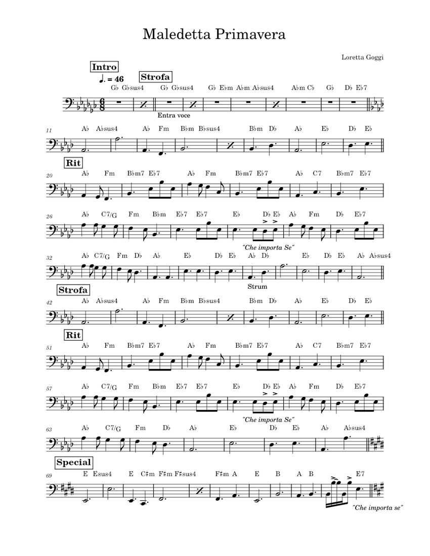 Maledetta primavera – Loretta Goggi (Guida basso) Sheet music for Bass ...