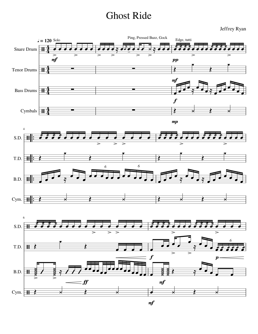 Ghost_Ride Sheet Music for Snare drum, Crash, Tenor drum, Bass drum ...