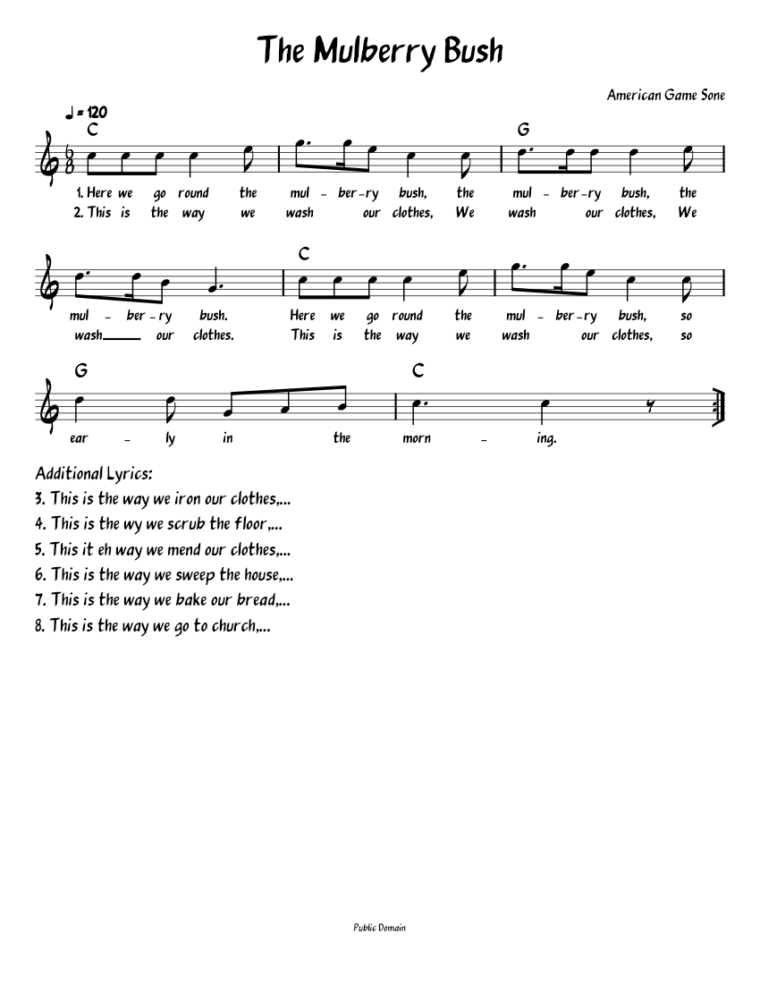 The Mulberry Bush (Lead sheet with lyrics ) Sheet Music for Piano (Solo ...