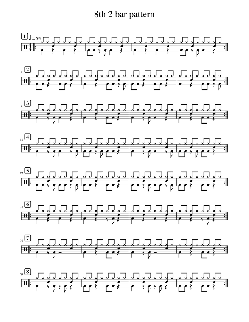 8th_2_bar_pattern Sheet music for Drum group (Solo) | Musescore.com