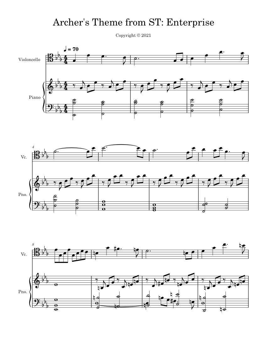 Archer's Theme – Dennis McCarthy Sheet Music for Piano, Cello (Solo ...