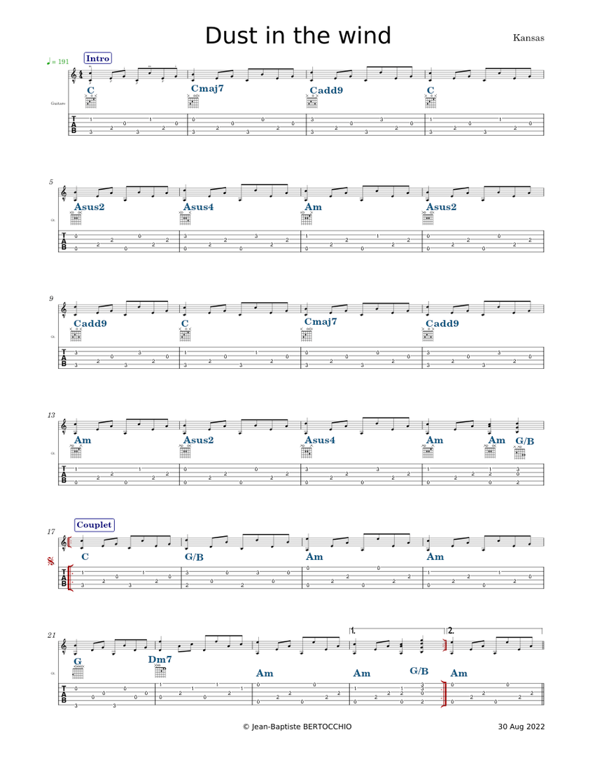 Dust in the wind – Kansas Sheet Music and Tab with Chords for Guitar ...