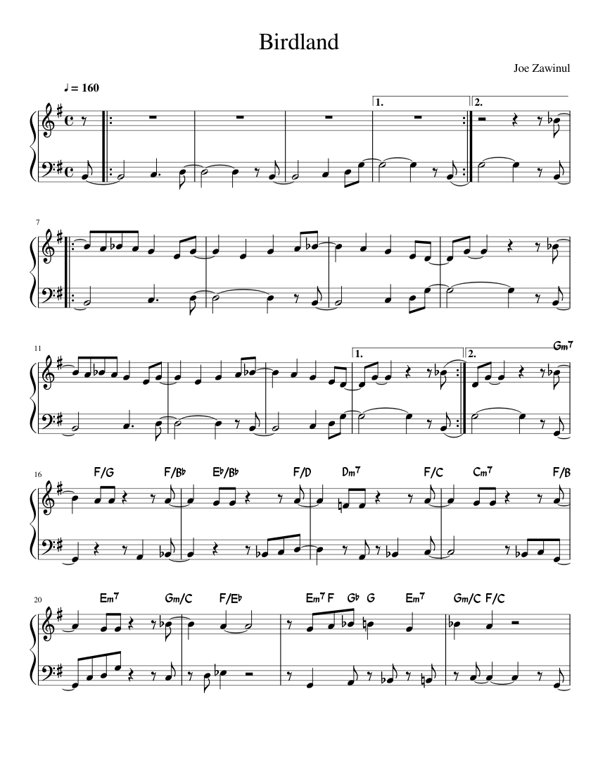 Birdland Sheet Music with Chords for Piano (Solo) Easy | MuseScore.com