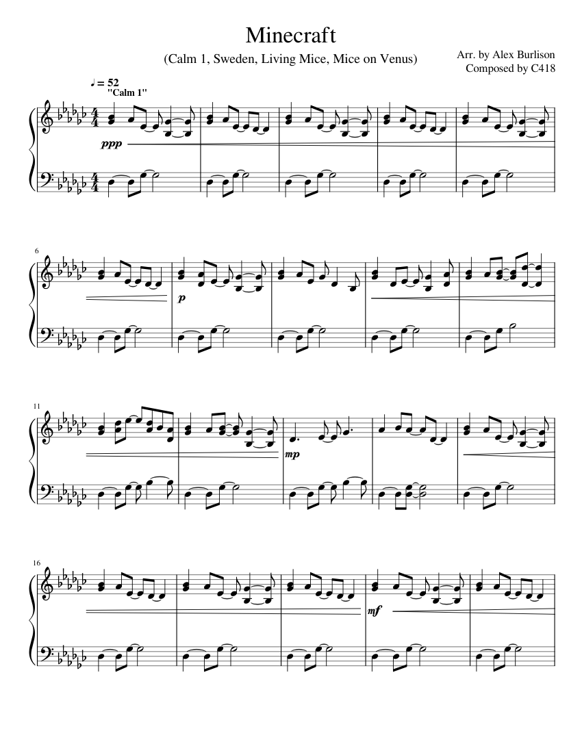 Minecraft (Calm 1, Sweden, Living Mice) Sheet music for Piano (Solo ...