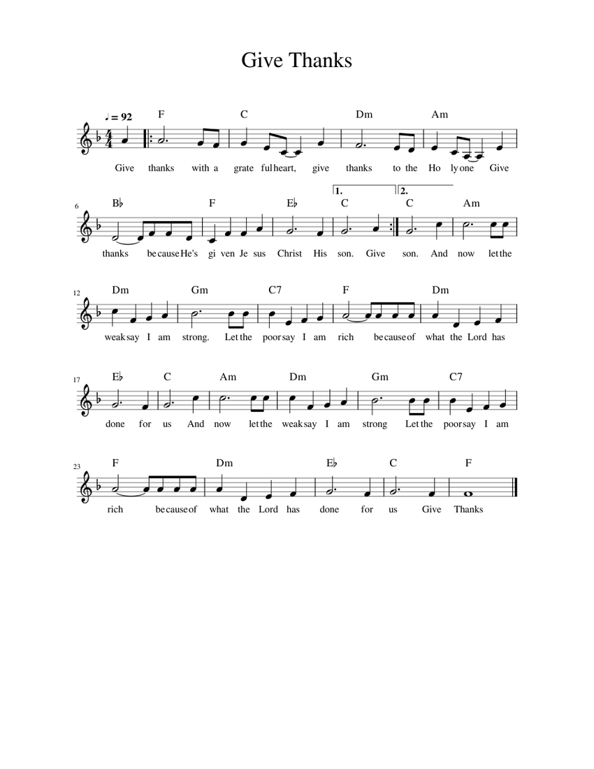 Give Thanks Sheet Music with Chords for Piano (Solo) Easy | MuseScore.com