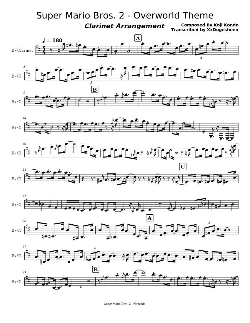 Super Mario Bros. 2 Overworld Theme - Clarinet Sheet Music for Clarinet ...