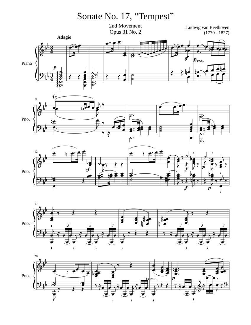 Sonate No. 17, “Tempest” 2nd Movement – Ludwig van Beethoven Sheet music for Piano (Solo ...