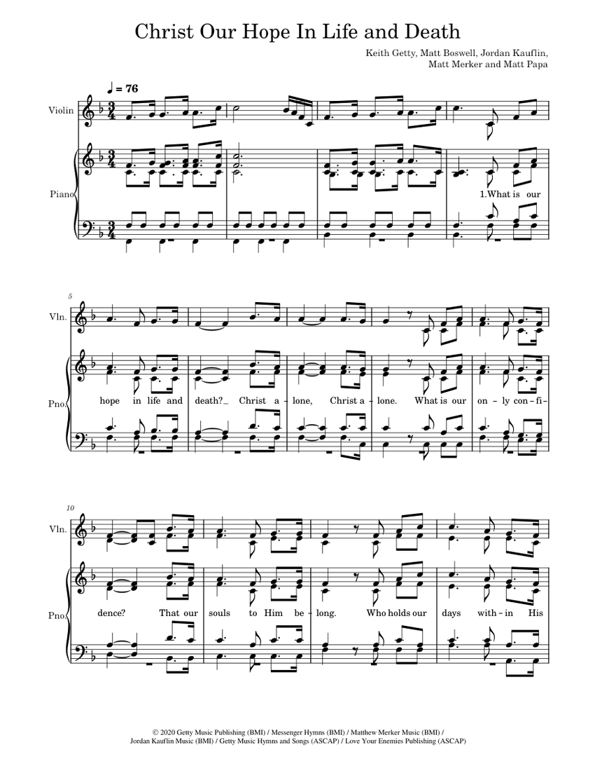 Christ Our Hope in Life and Death Sheet Music for Piano, Violin (Solo ...