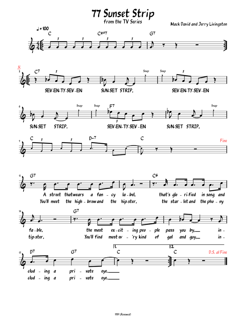 77 Sunset Strip (Lead sheet with lyrics ) Sheet Music with Chords for ...