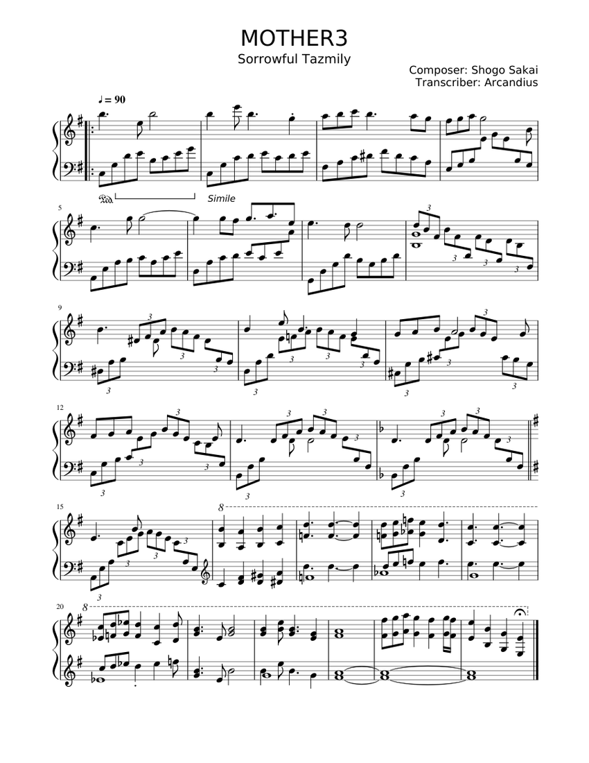 MOTHER 3 - Sorrowful Tazmily Sheet Music for Piano (Solo) | MuseScore.com