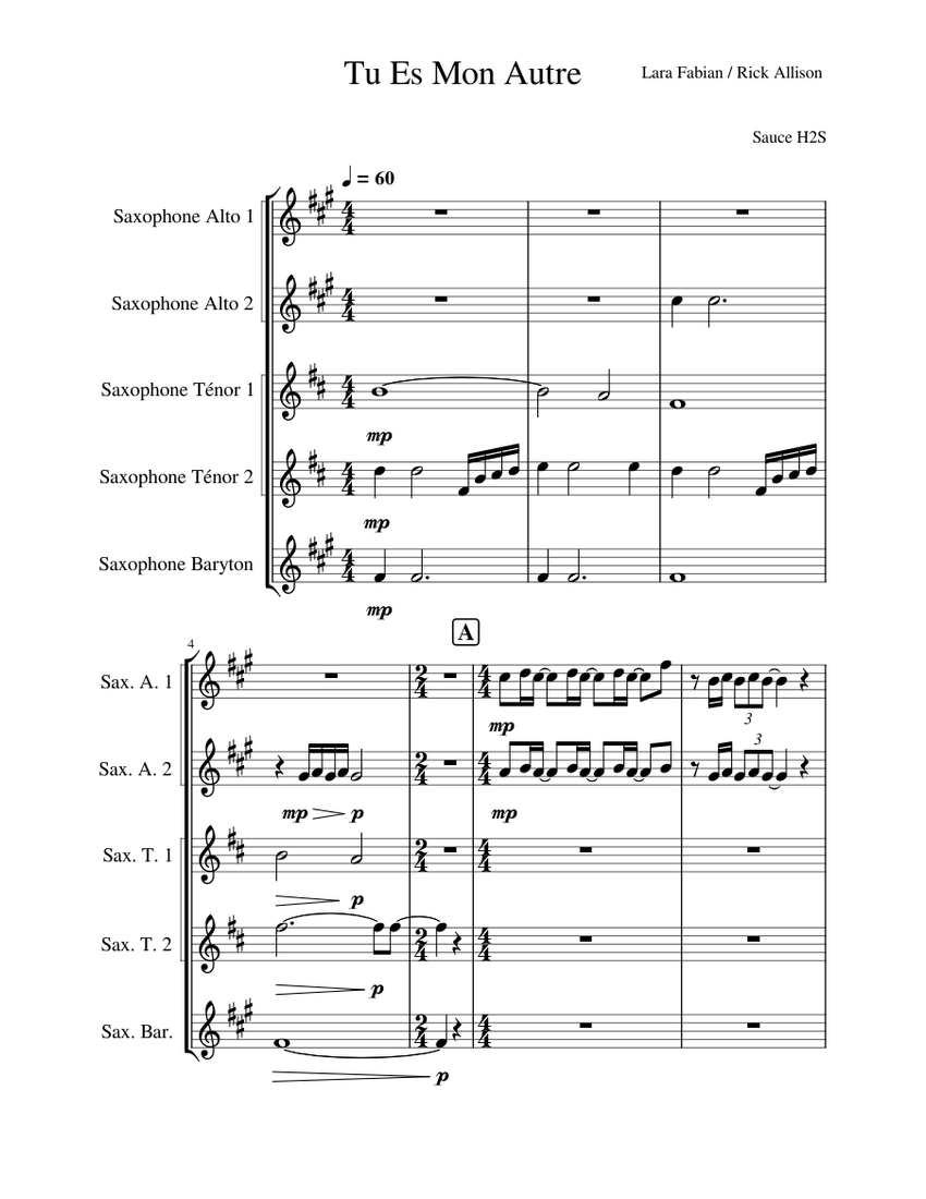 Tu Es Mon Autre - Lara Fabian - pour sax AATTB Sheet Music for ...