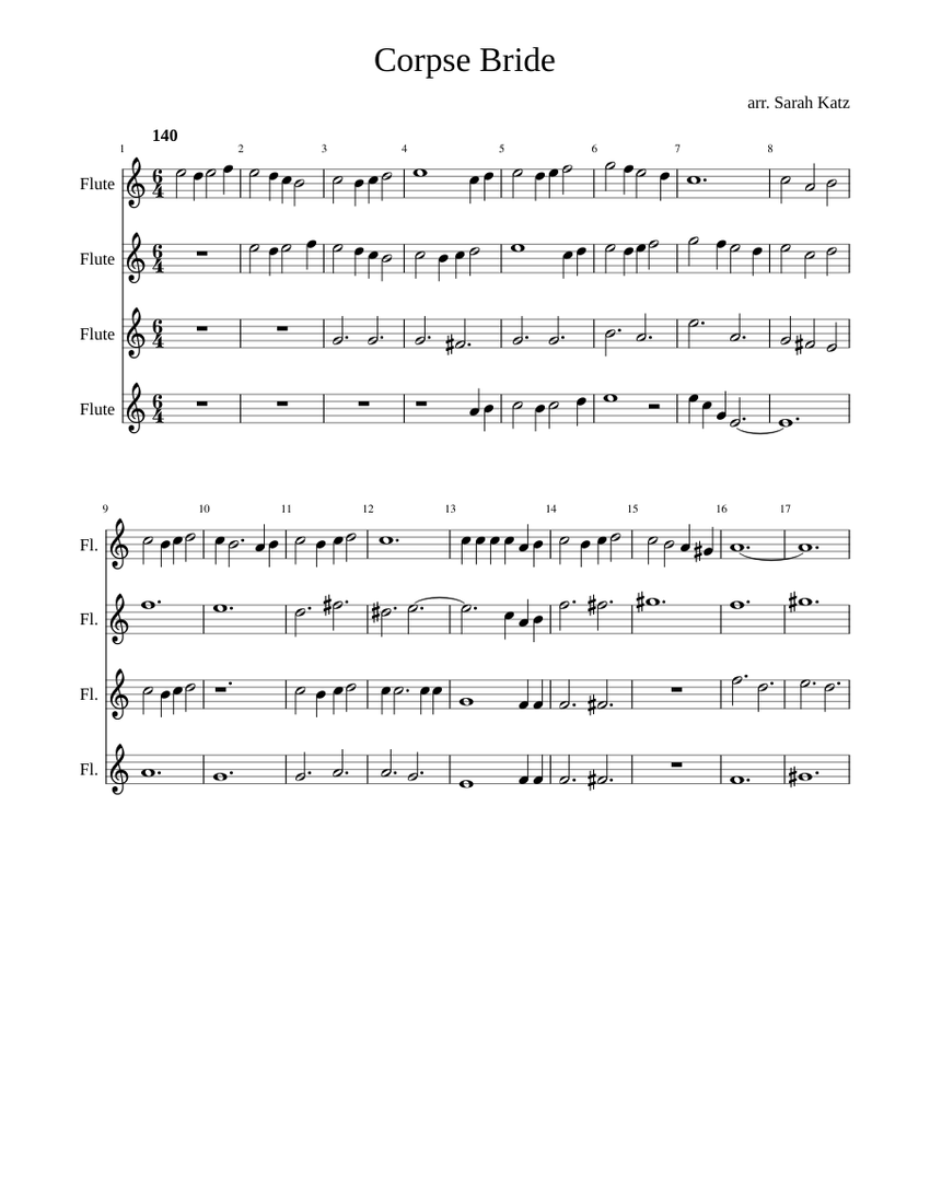 Corpse Bride for flute choir Sheet Music for Flute (Mixed Quartet ...