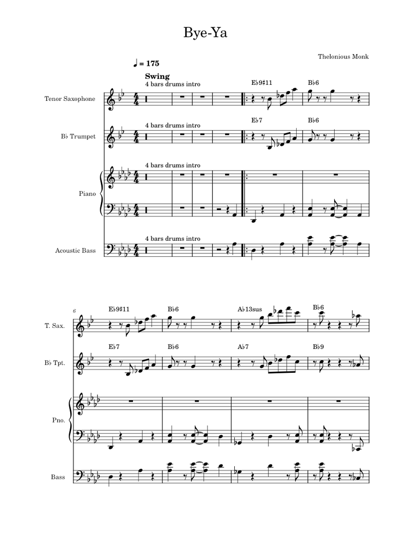 Bye-Ya Sheet Music with Chords for Piano, Saxophone tenor, Trumpet in b ...