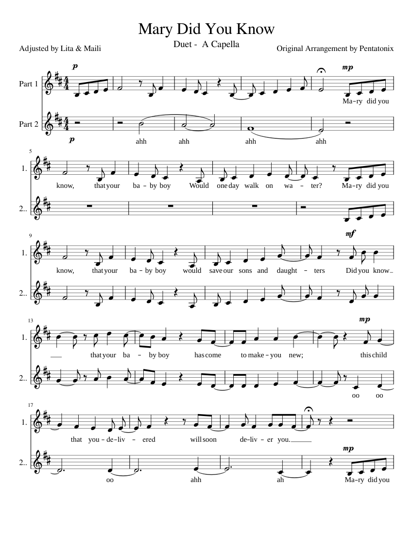 Mary Did You Know Vocal Duet Sheet music for Soprano, Alto (Choral ...
