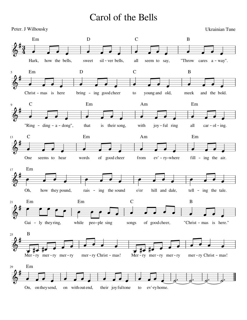 Carol of the Bells Sheet Music with Chords for Piano (Solo) easy ...