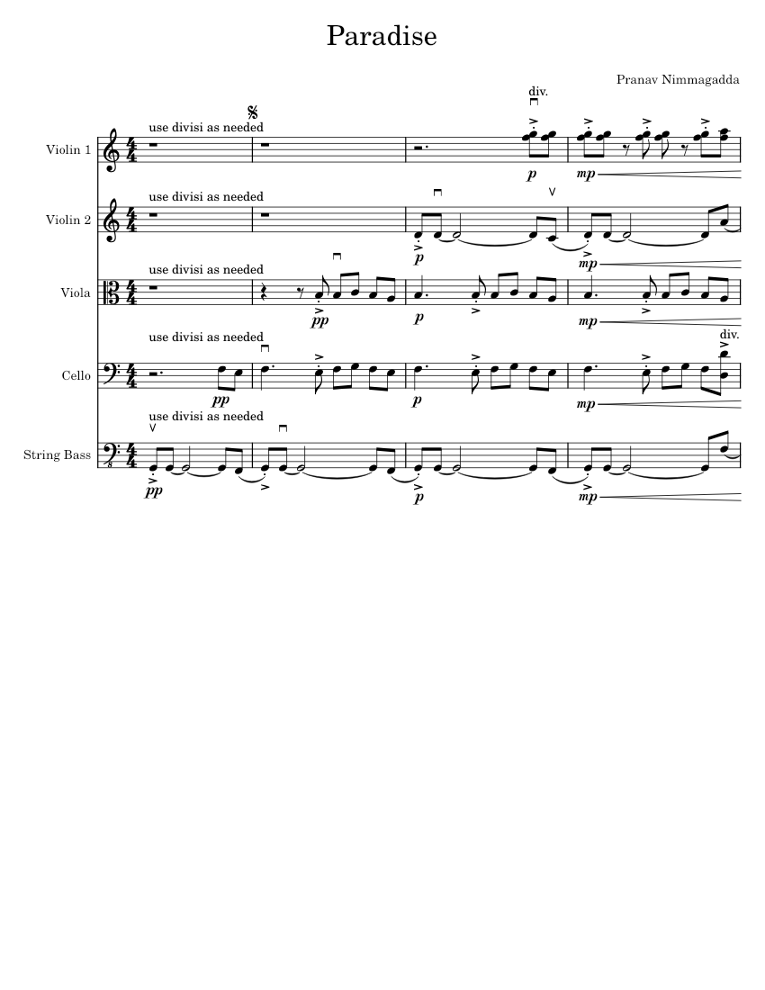 Paradise Sheet music for Contrabass, Violin, Viola, Cello (String ...