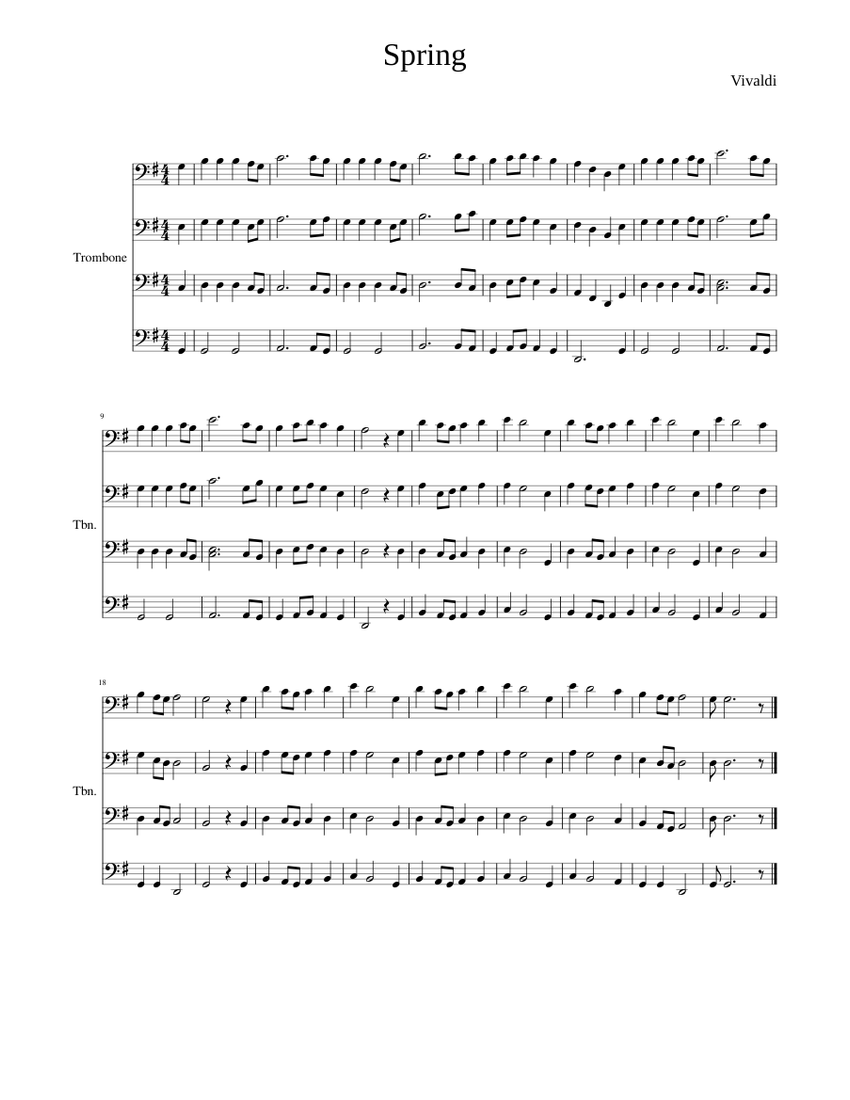 Vivaldi's Spring Sheet Music for Trombone (Brass Quartet) | MuseScore.com