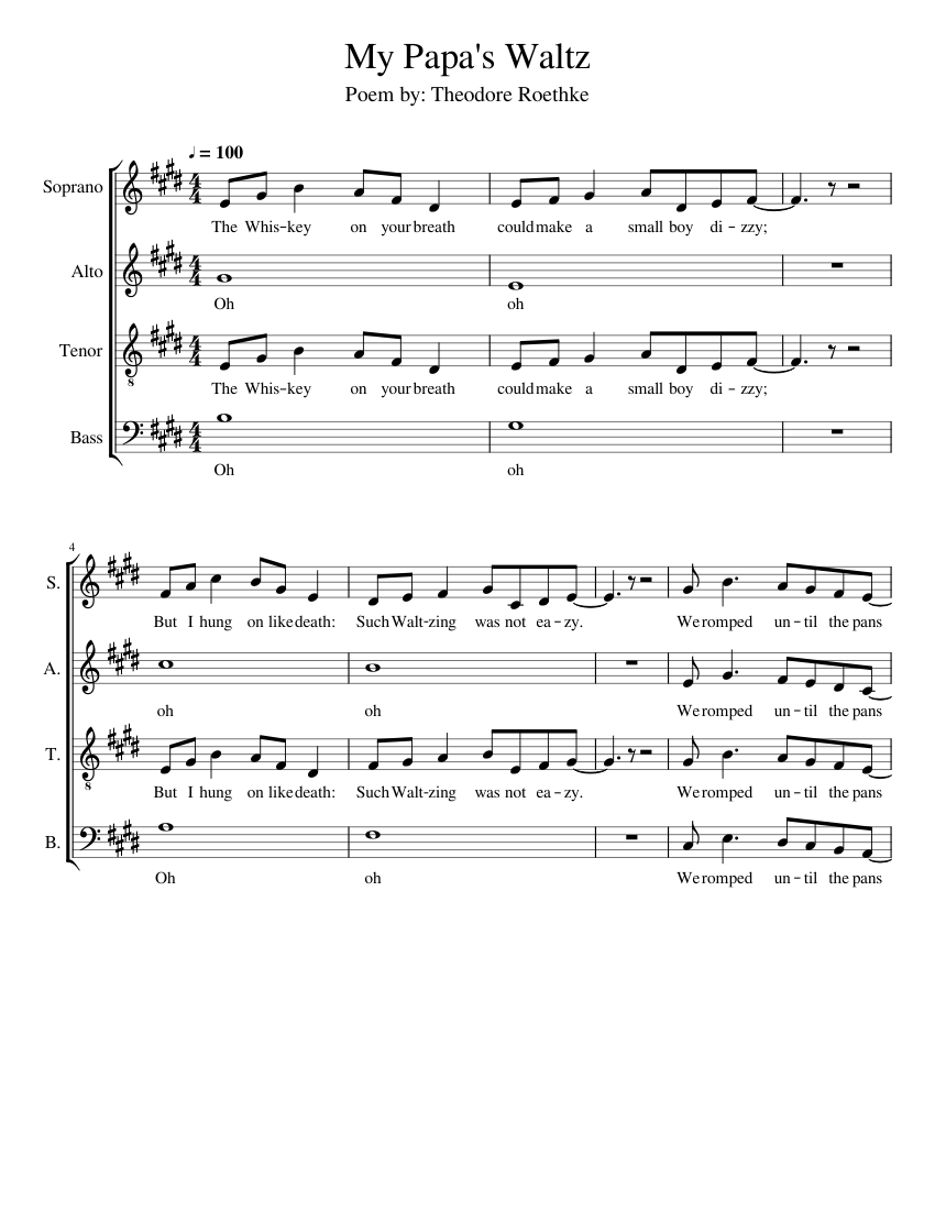 My_Papa's_Waltz Sheet music for Soprano, Alto, Tenor, Bass voice ...