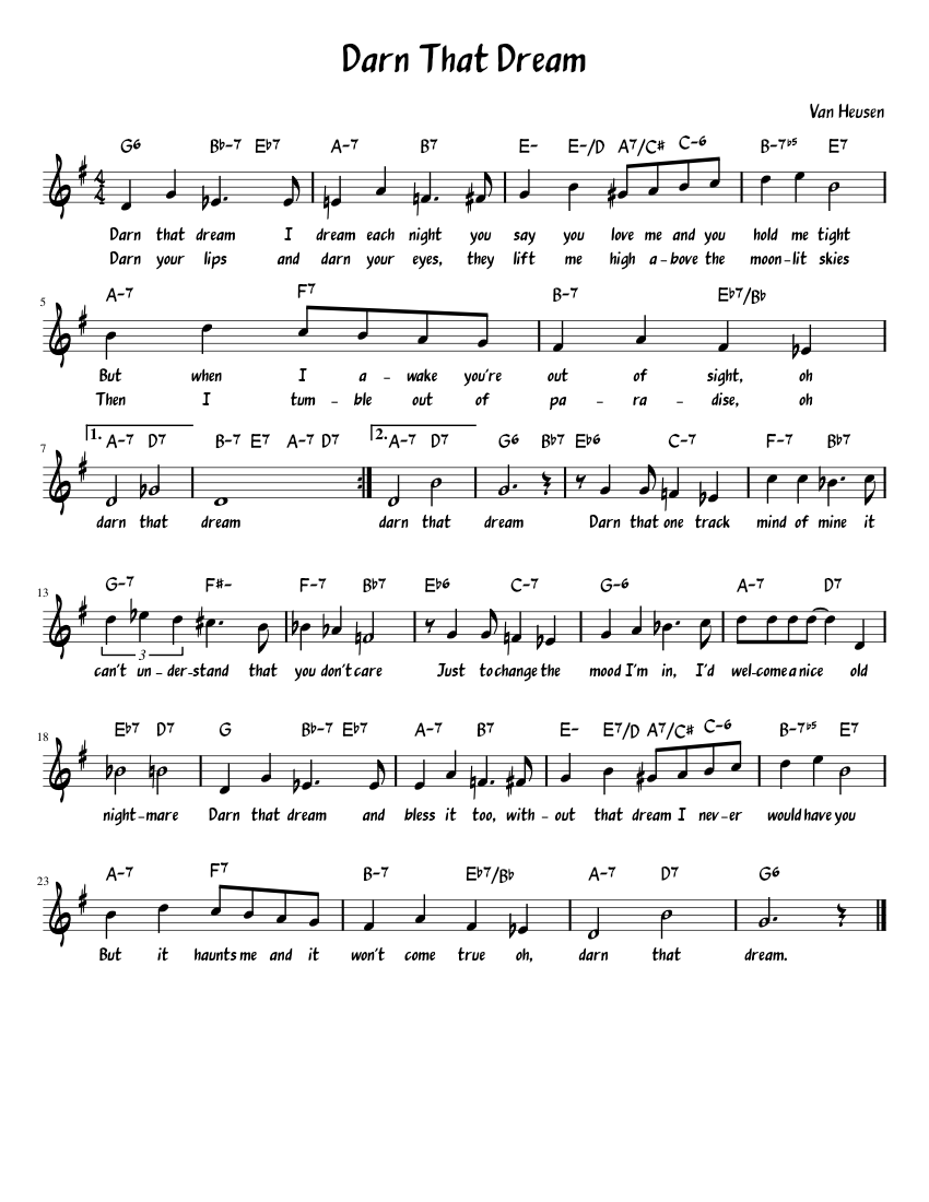 Darn That Dream Sheet Music with Chords for Piano (Solo) Easy ...