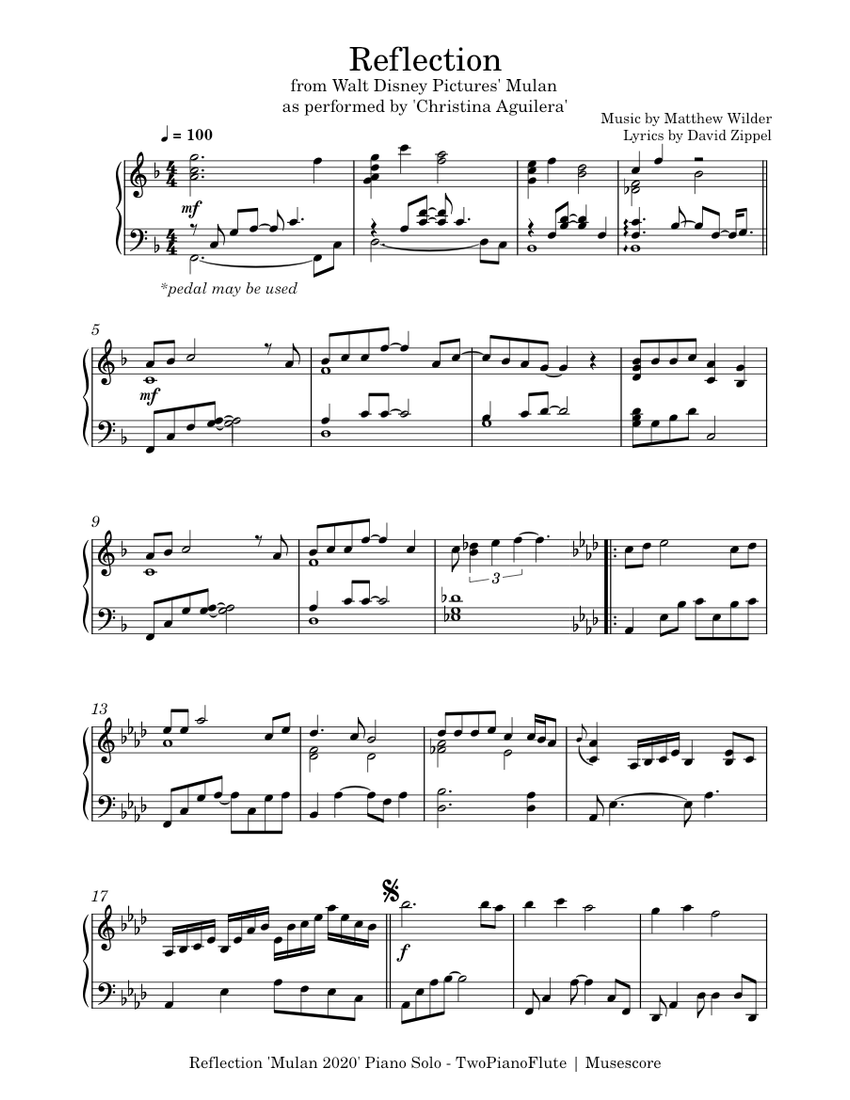 Reflection Mulan 2020 - Piano Solo - Free Sheet Sheet Music for Piano ...
