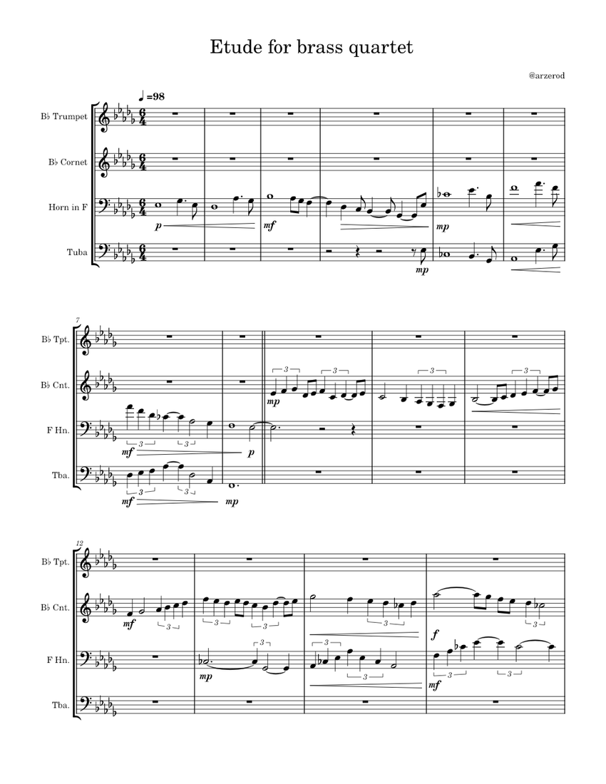 Etude for brass quartet Sheet music for Cornet, Tuba, Trumpet in b-flat ...