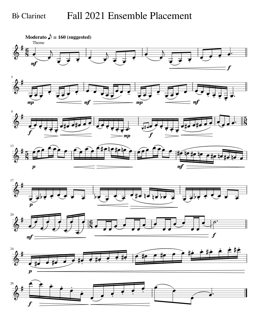 Fall 2021 Ensemble Placement-Bb Clarinet Sheet music for Clarinet in b ...