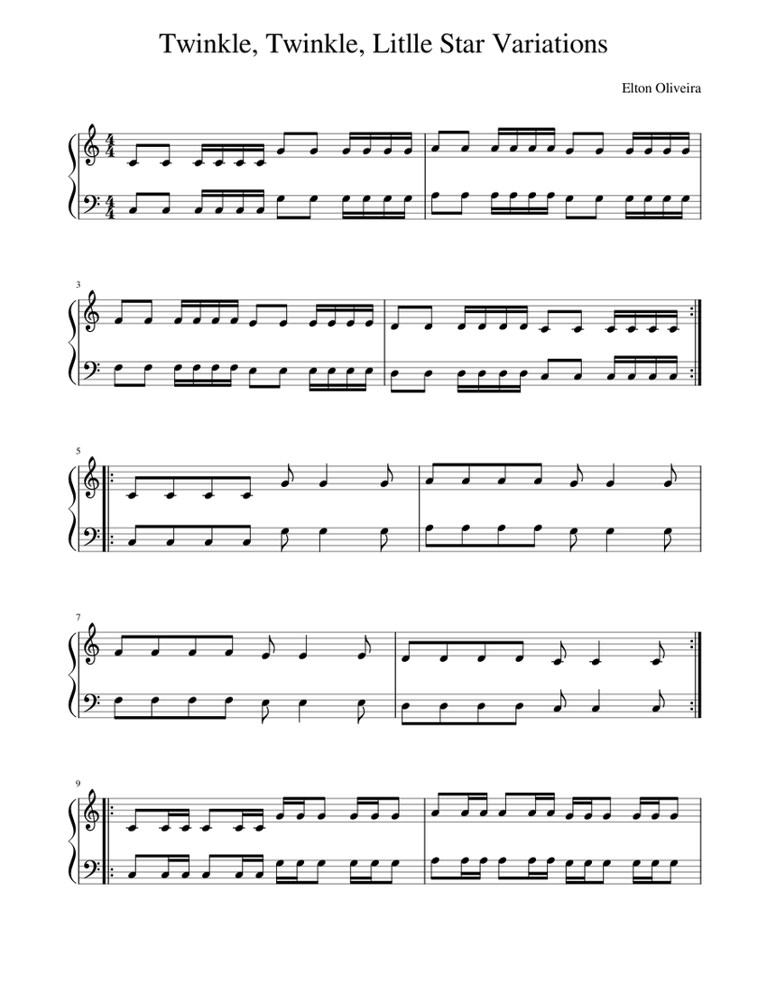 Twinkle, Twinkle, Litlle Star Variations Sheet Music for Piano (Solo ...
