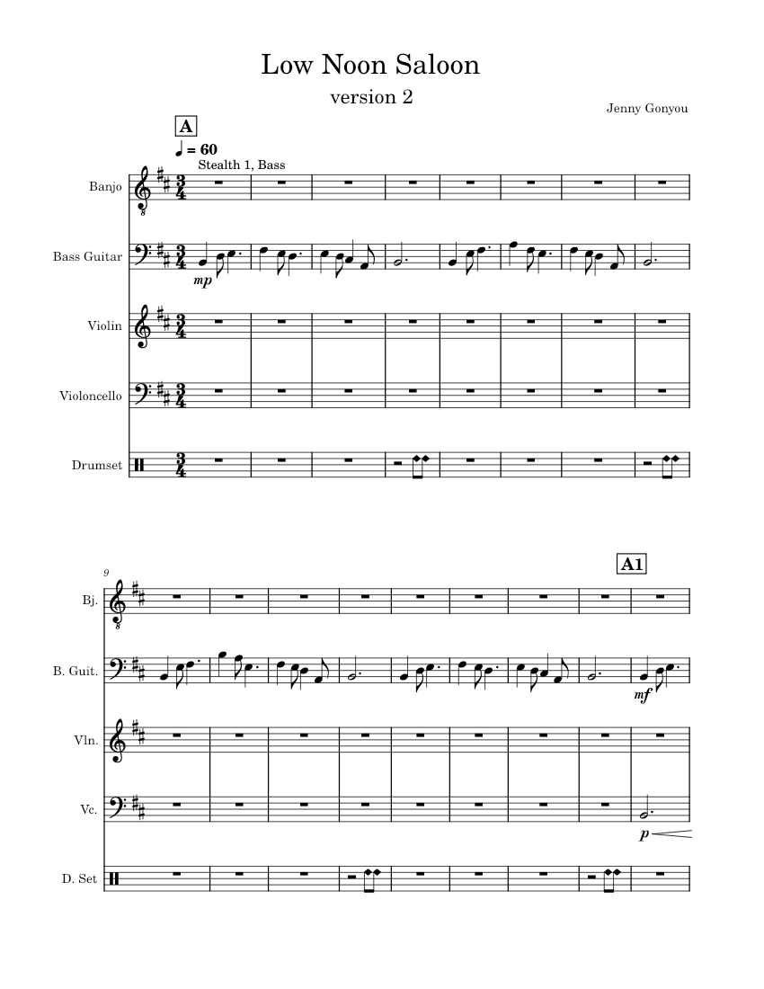 Low Noon Saloon v2 Sheet music for Violin, Cello, Bass guitar, Drum ...