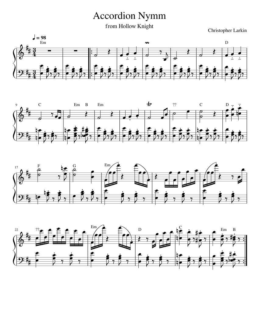 Hollow Knight - Accordion Nymm – Christopher Larkin Sheet music for ...